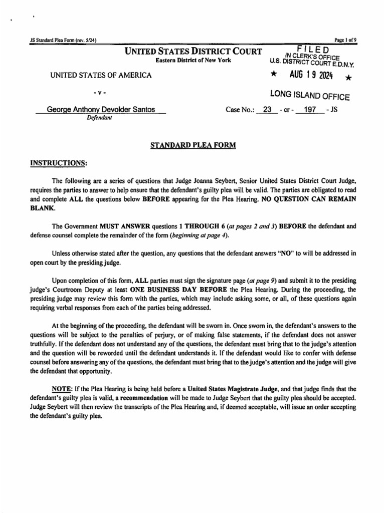 USA V Santos Standard Plea Form | PDF | Plea | Plea Bargain