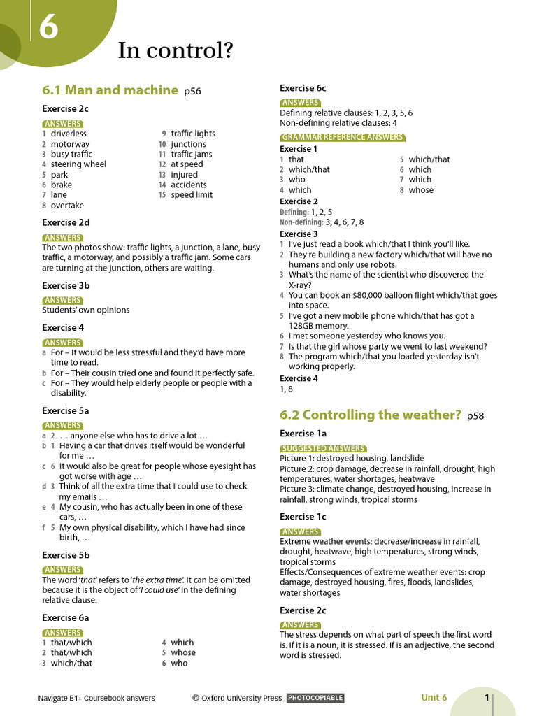 Navigate B1plus Coursebook Unit 6 Answer Key | PDF