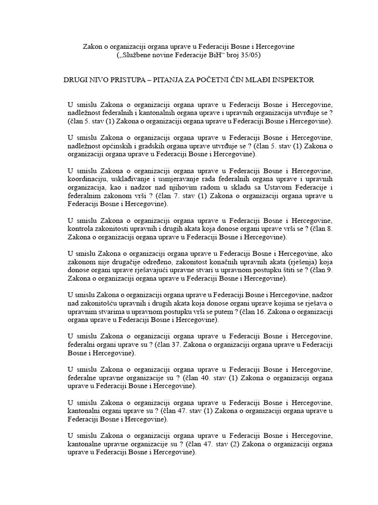 Zakon o Organizaciji Organa Uprave U FBIH | PDF