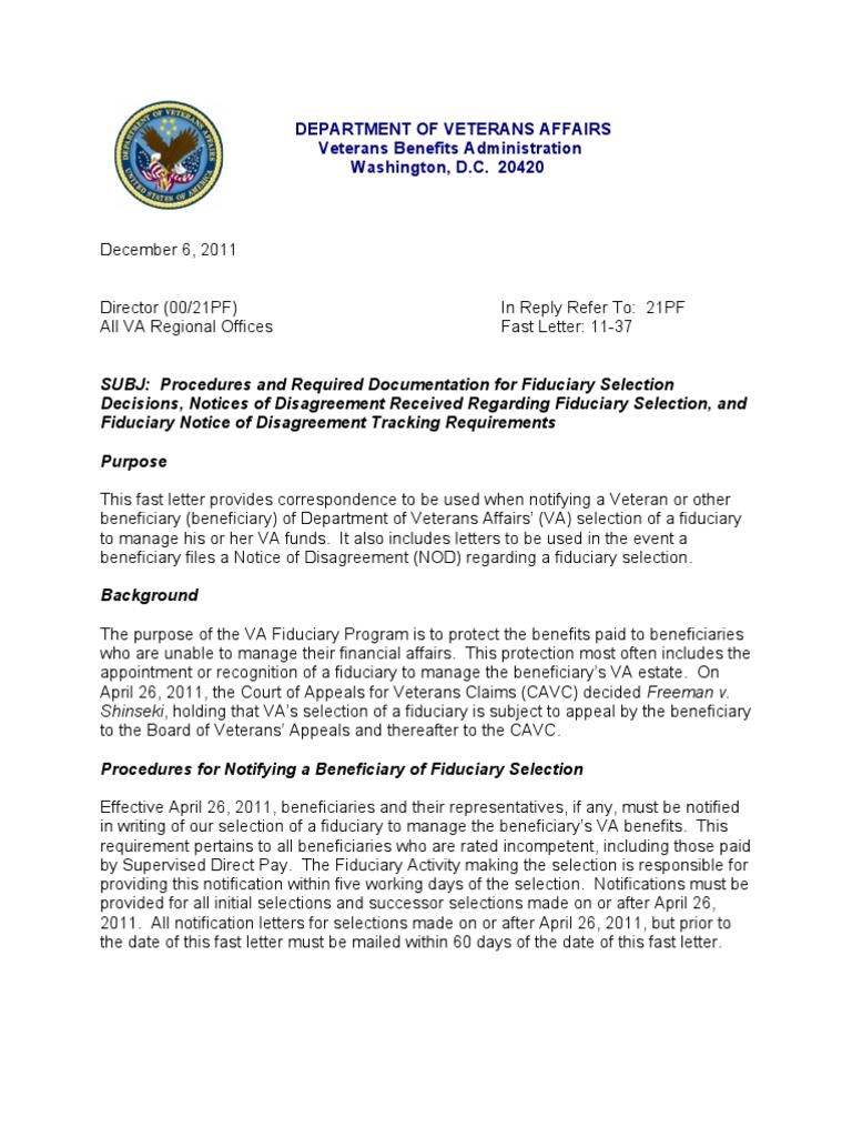 VA Fiduciary Selection and NOD Procedures | PDF | Fiduciary | United ...