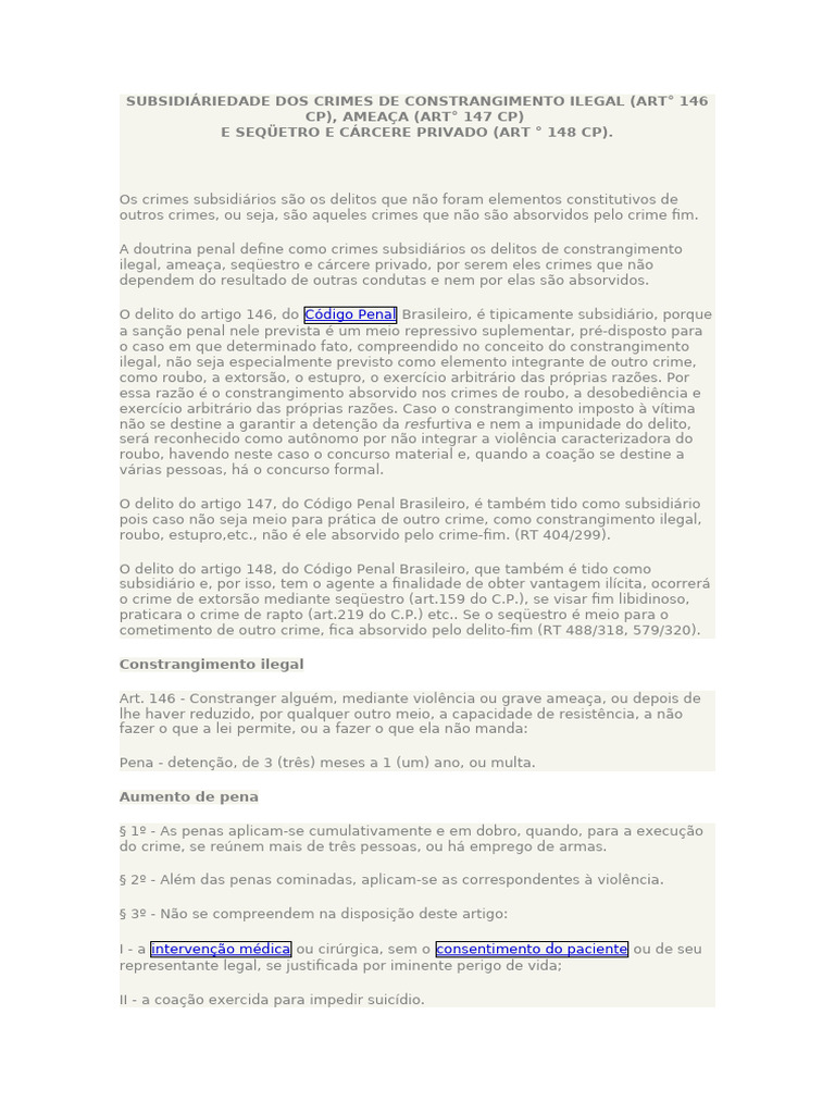 Subsidiáriedade Dos Crimes de Constrangimento Ilegal | PDF