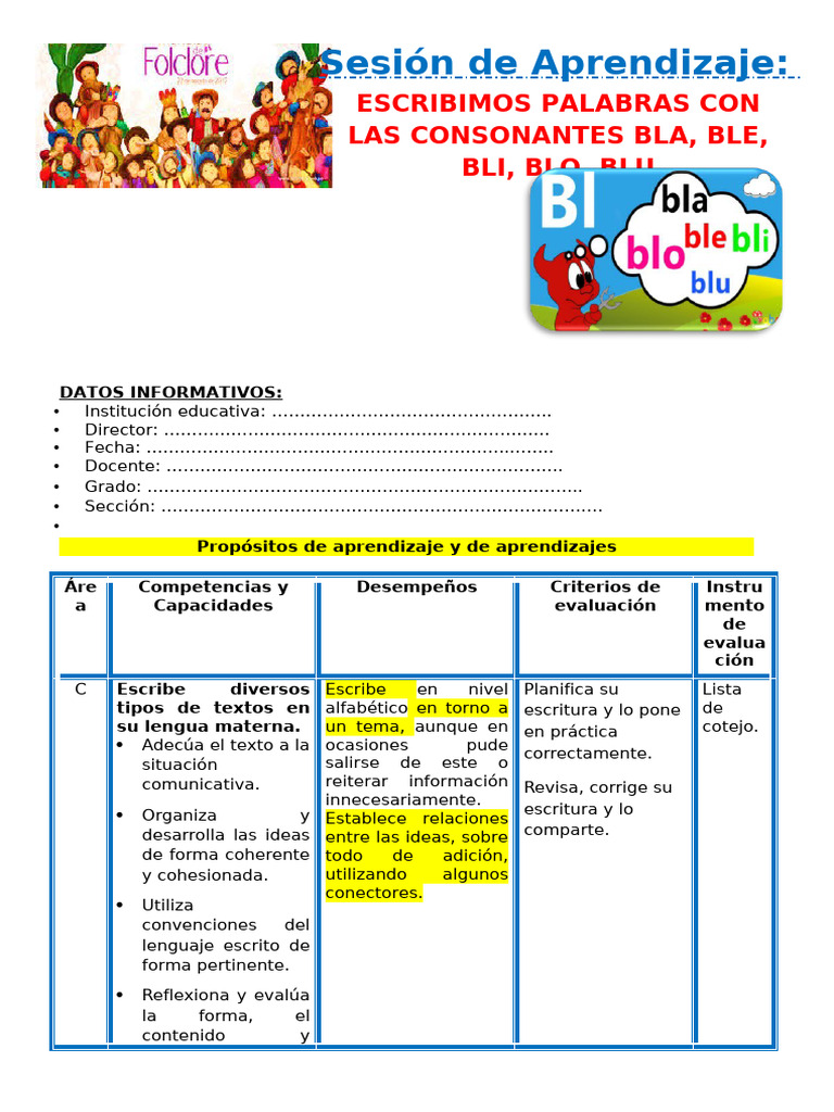 1° Sesión Día 5 Com Escribimos Palabras Con Las Consonantes Bla, Ble ...