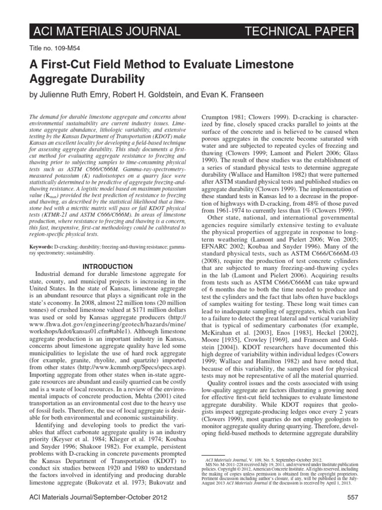 A First-Cut Field Method To Evaluate Limestone Aggregate Durability | PDF