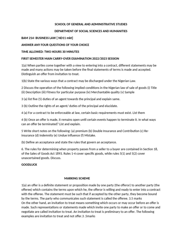 Bus Law (ND1 Acc) .Quest $marking Scheme | PDF