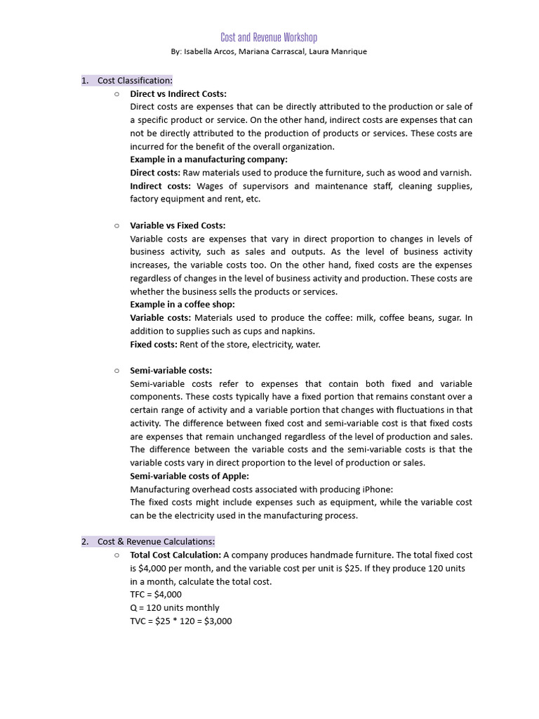 Cost and Revenue Workshop | PDF