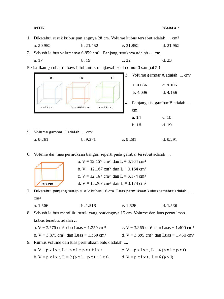 Latihan Soal MTK Kubus Dan Balok | PDF