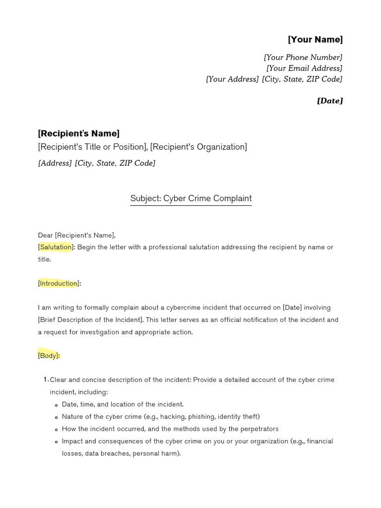 Cyber Crime Complaint Letter Format PDF | PDF