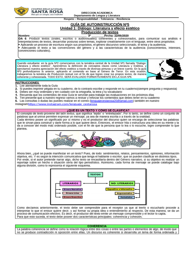 GUIA 5 de AUTOINSTRUCCIÓN LENGUAJE 3° Medio Mayo 2020 | PDF