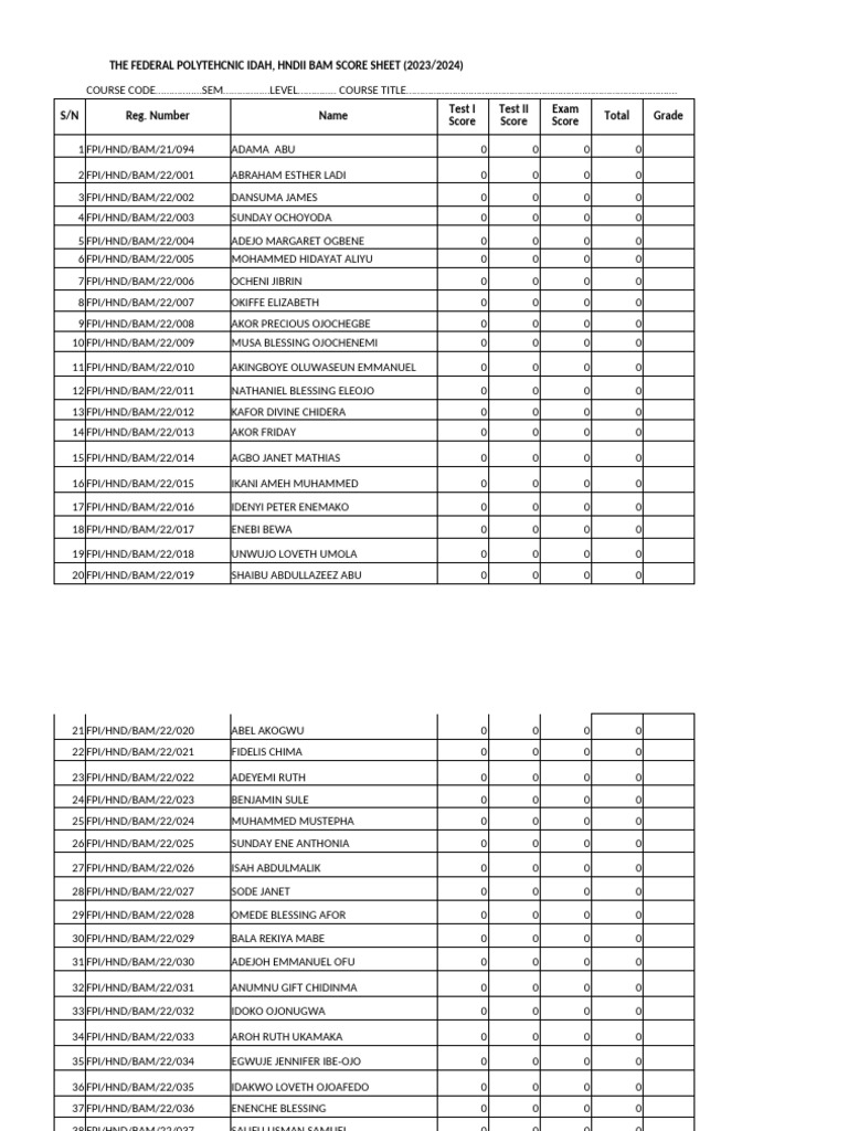 HND 2 BAM Score Sheet | PDF