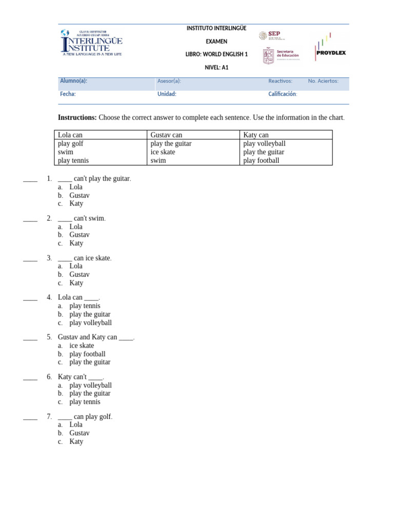 Examen Unidad 7 Intro Ashley Can and Present Continuous | PDF
