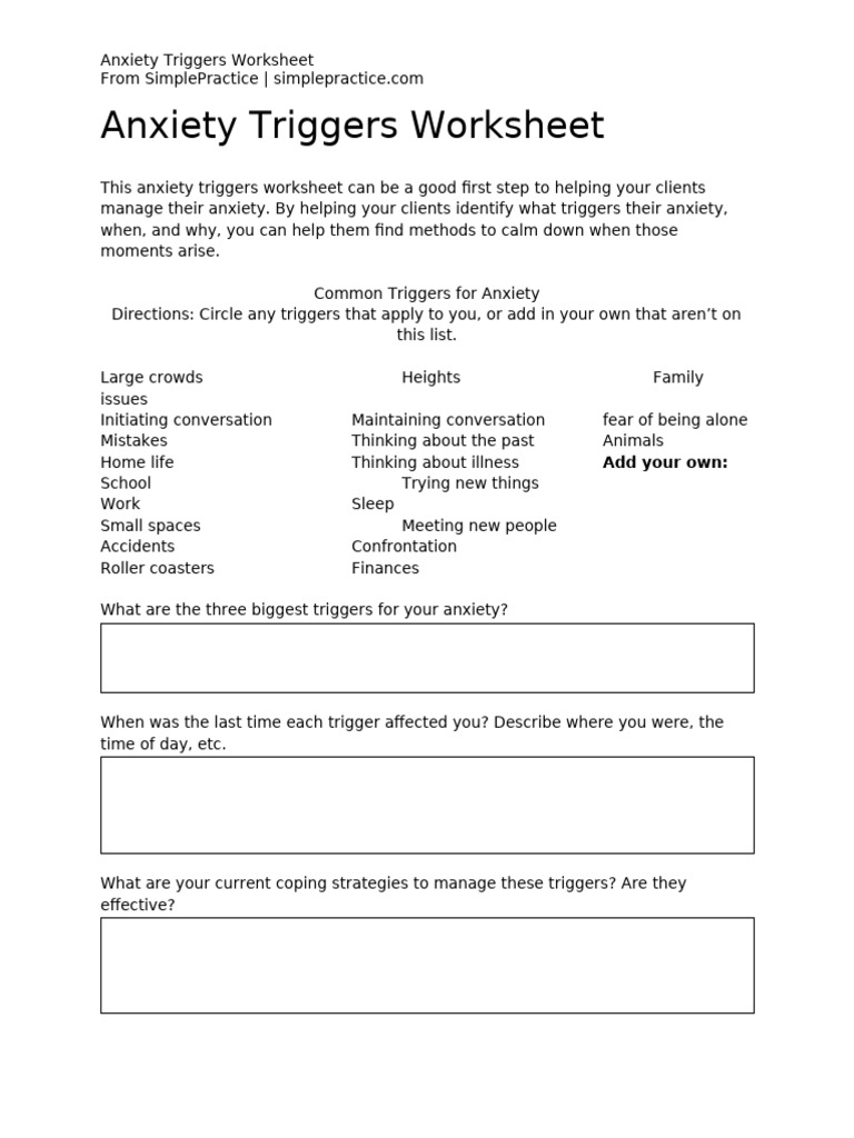 Anxiety Triggers Worksheet | PDF