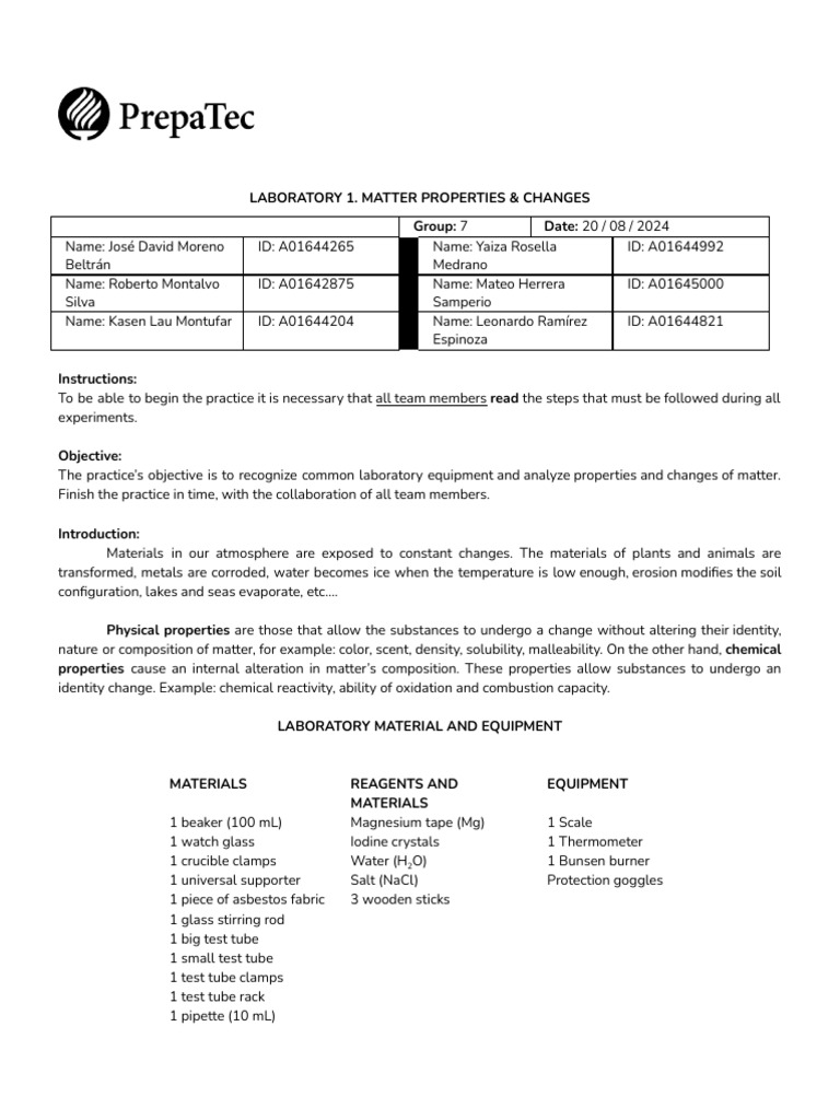 Lab 1 Properties and Changes of Matter | PDF