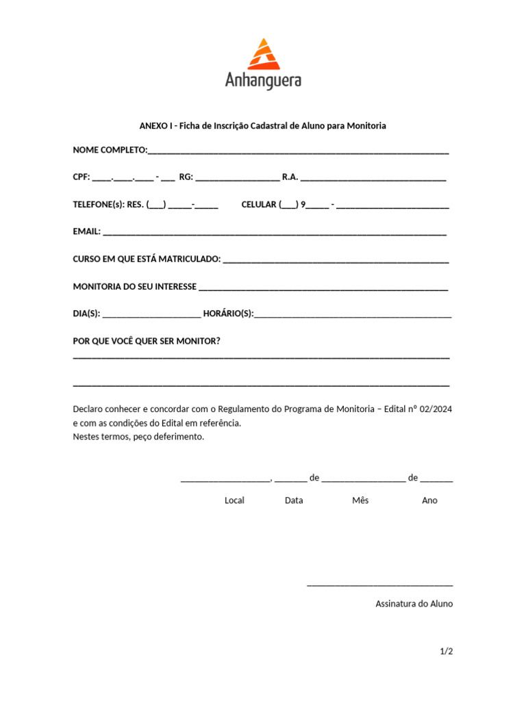 Modelo de Ficha de Inscricao - 20242 | PDF Modelo de Ficha de Inscricao - 20242 | PDF