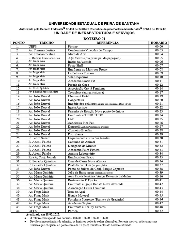 Roteiros Onibus Feira UEFS | PDF
