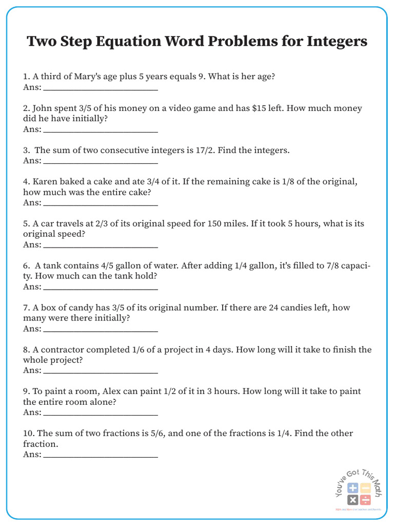 Two Step Equation Word Problems For Integers | PDF