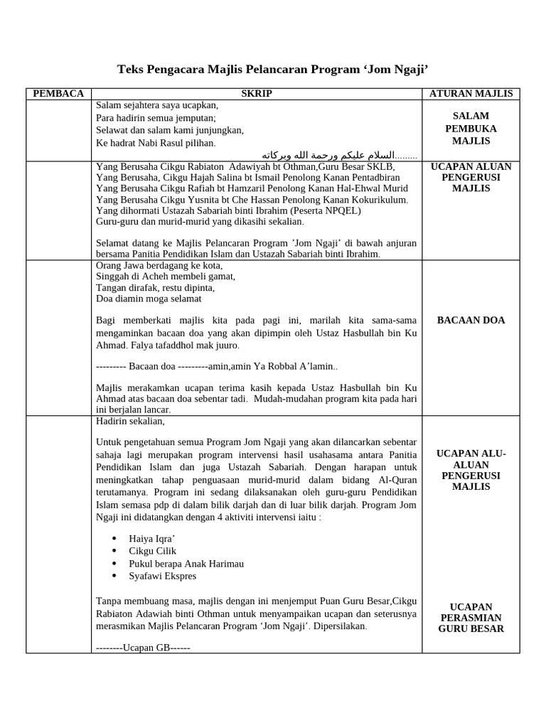 Teks Pengacara Majlis Pelancaran Program Jom Ngaji | PDF