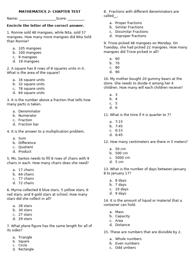 Mathematics 2 - Chapter Test 2 | PDF | Division (Mathematics ...