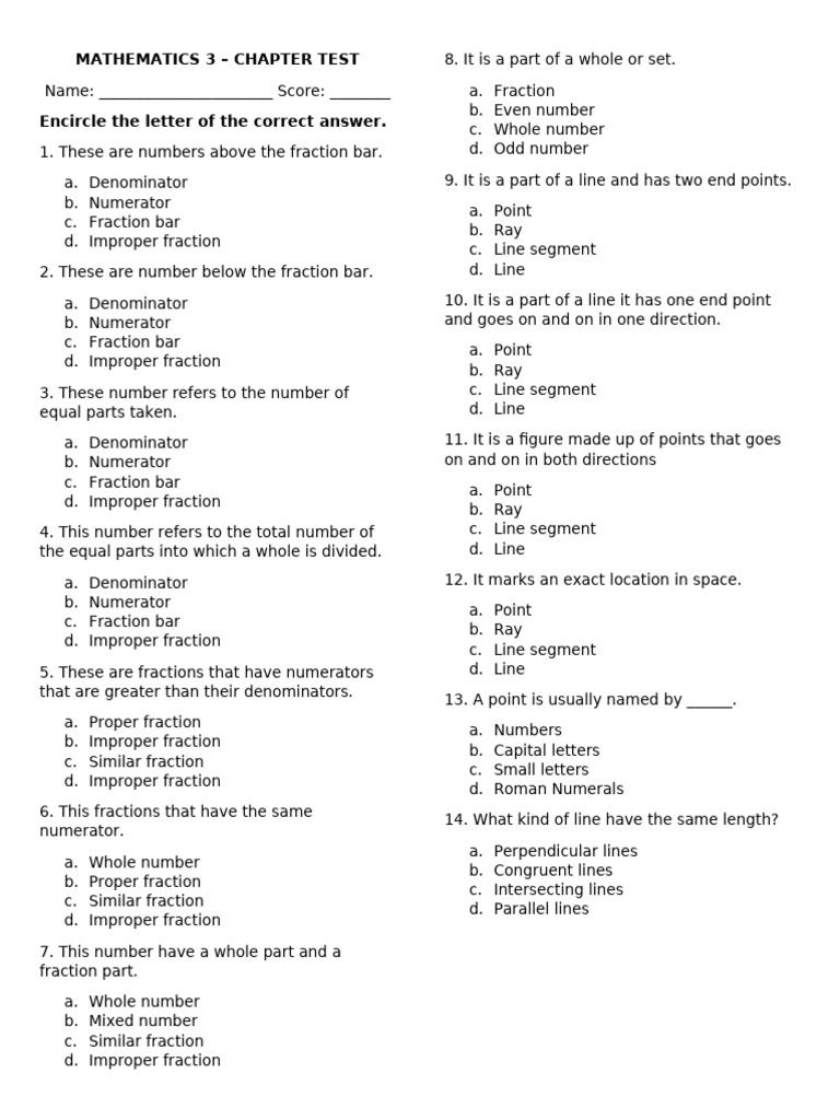 Mathematics 3 Test - Fractions and Geom | PDF | Perpendicular | Numbers