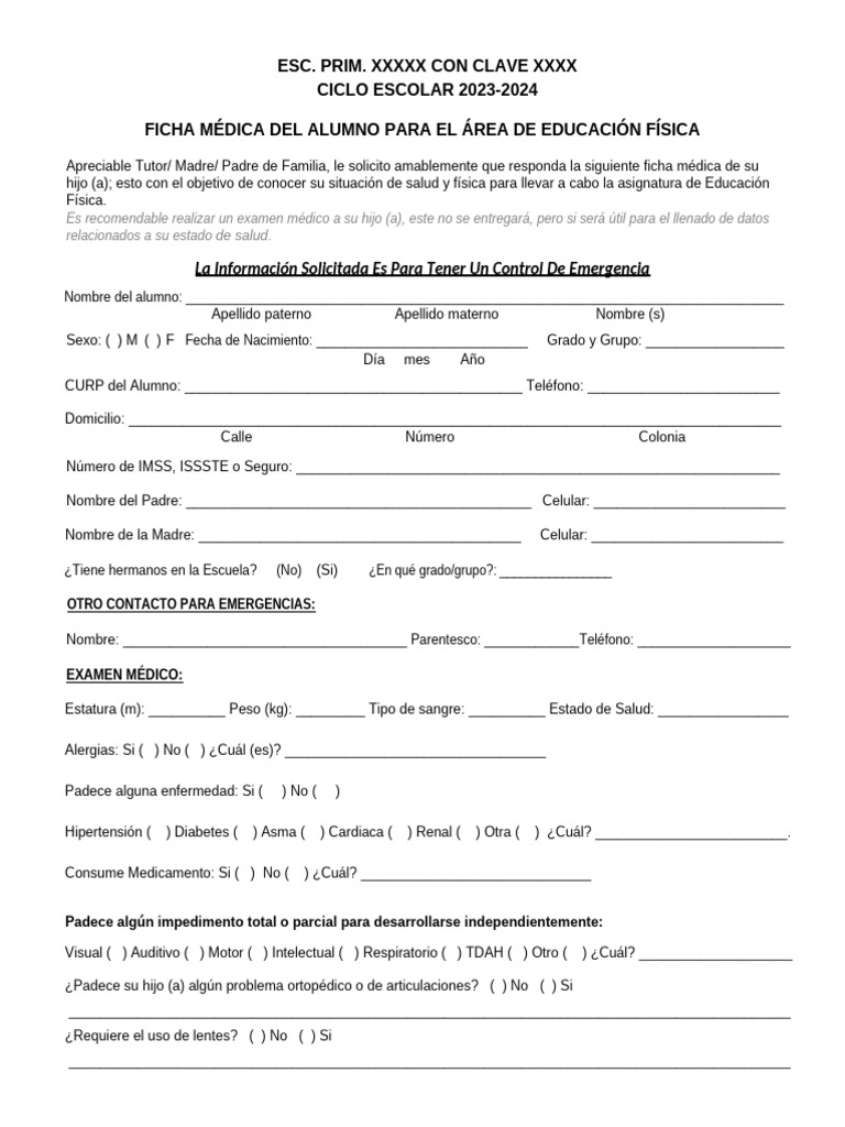 Ficha Medica Escolar | PDF | Ciencias de la Salud | Medicina CLINICA