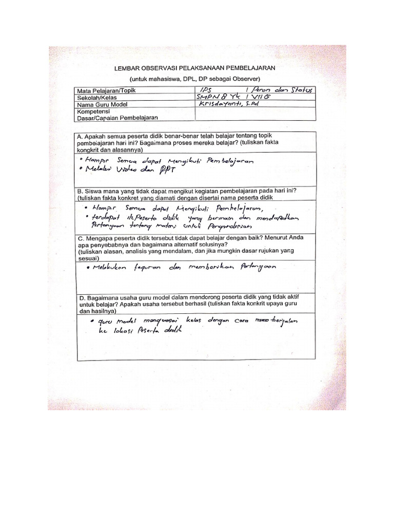 01.05.6-B4-10 Unggah LK 4 - Lembar Observasi pembelajaran - Siklus 2 | PDF