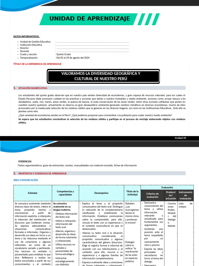 Unidad de Aprendizaje 05 (5º Prim) | PDF