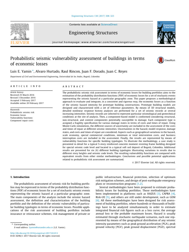 Probabilistic Seismic Vulnerability Assessment of Buildings in Terms of Economic Losses | PDF