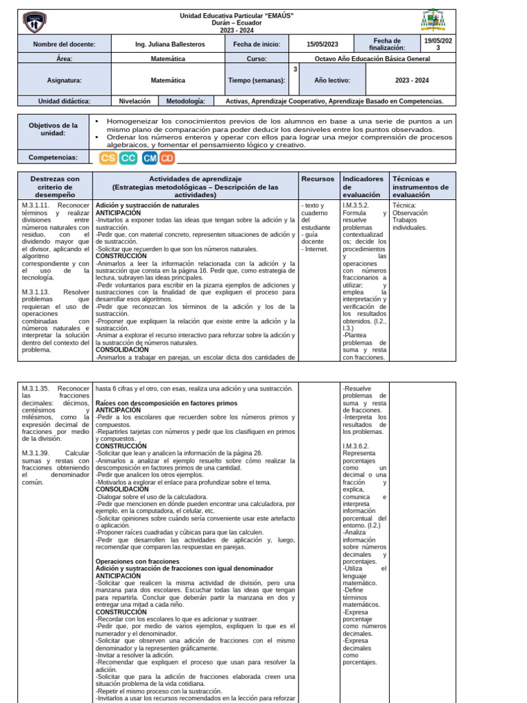 Plan Semanal - 8vo A-B-C-D - Matematicas - Del 15 Al 19 de Mayo - 2023 | PDF