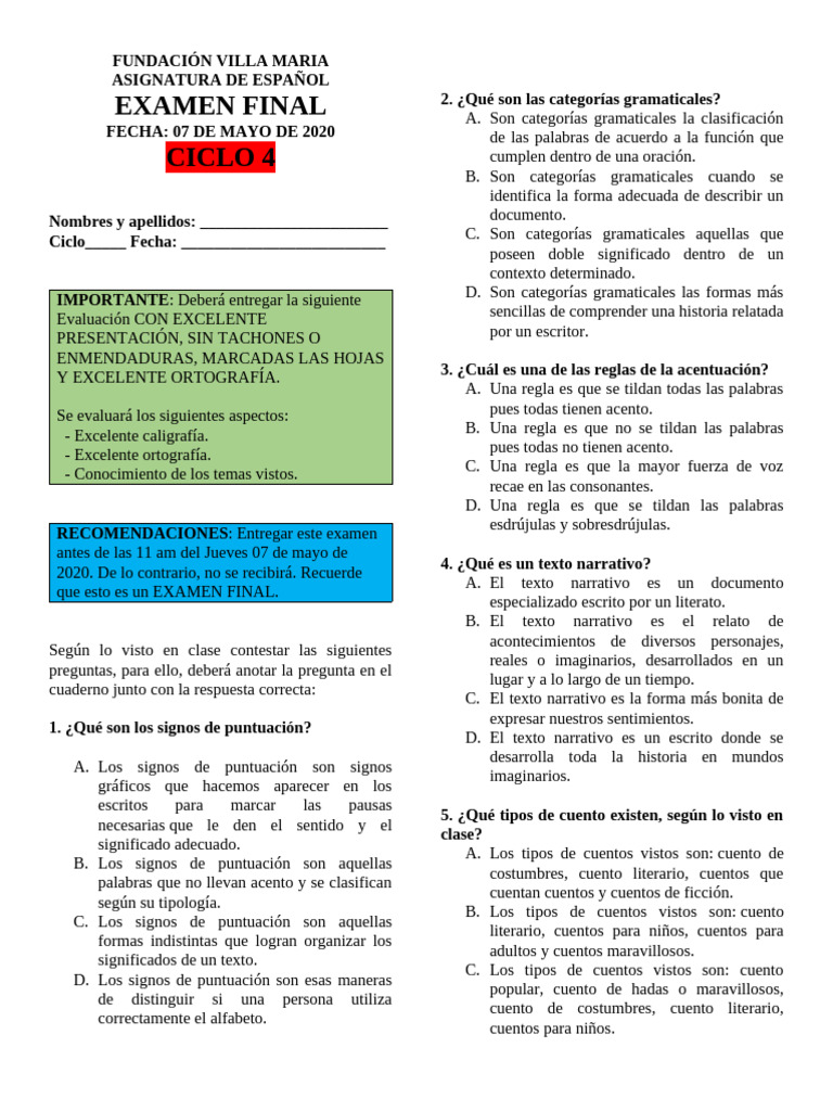 Examen Final Ciclo 4 - 07 Mayo 2020 Español | PDF