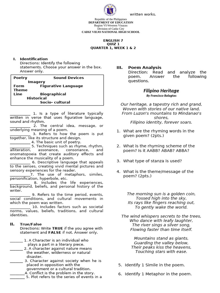 Q1 Quiz1 Eng7 24-25 | PDF