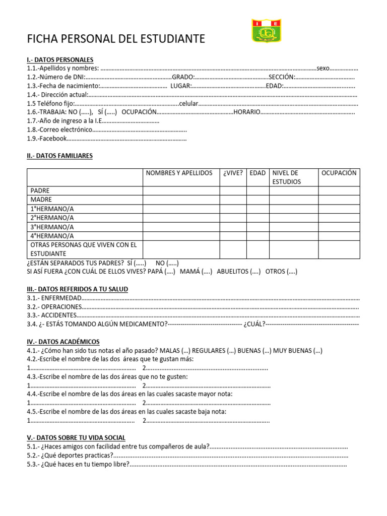 Ficha Personal Del Estudiante | PDF