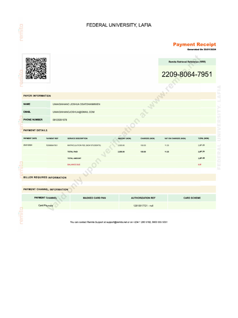 Matriculation Fee Receipt | PDF