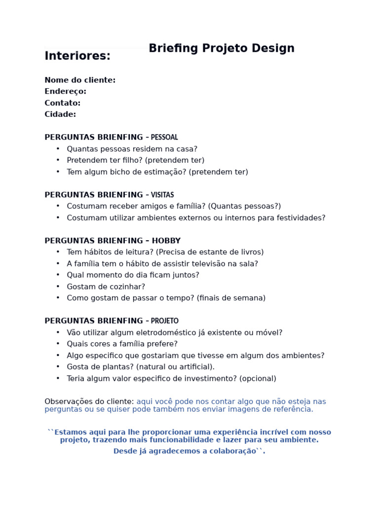 Briefing Projeto Design Interiores | PDF