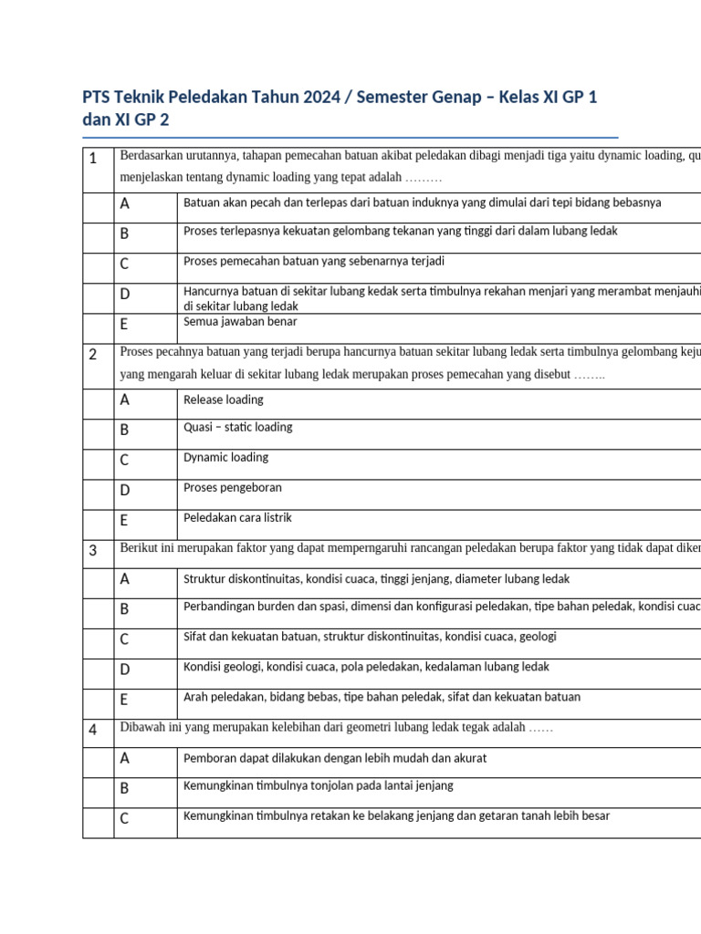 PTS Teknik Peledakan Kelas Xi GP 1 Dan Xi GP 2 Tahun Ajaran 2023-2024 Semester Genap | PDF
