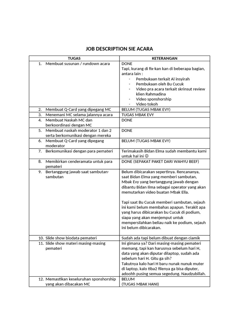 Job Description Sie Acara | PDF