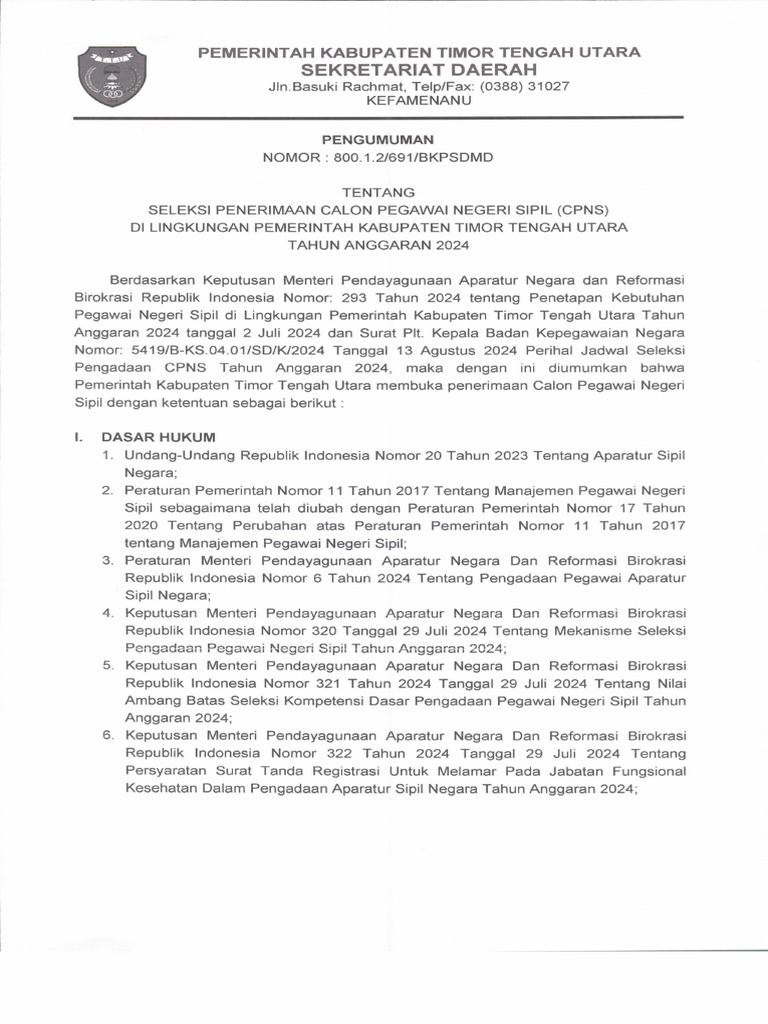 Pengumuman Seleksi Penerimaan Calon Pegawai Negeri Sipil (CPNS) Di Lingkungan Pemerintah ...