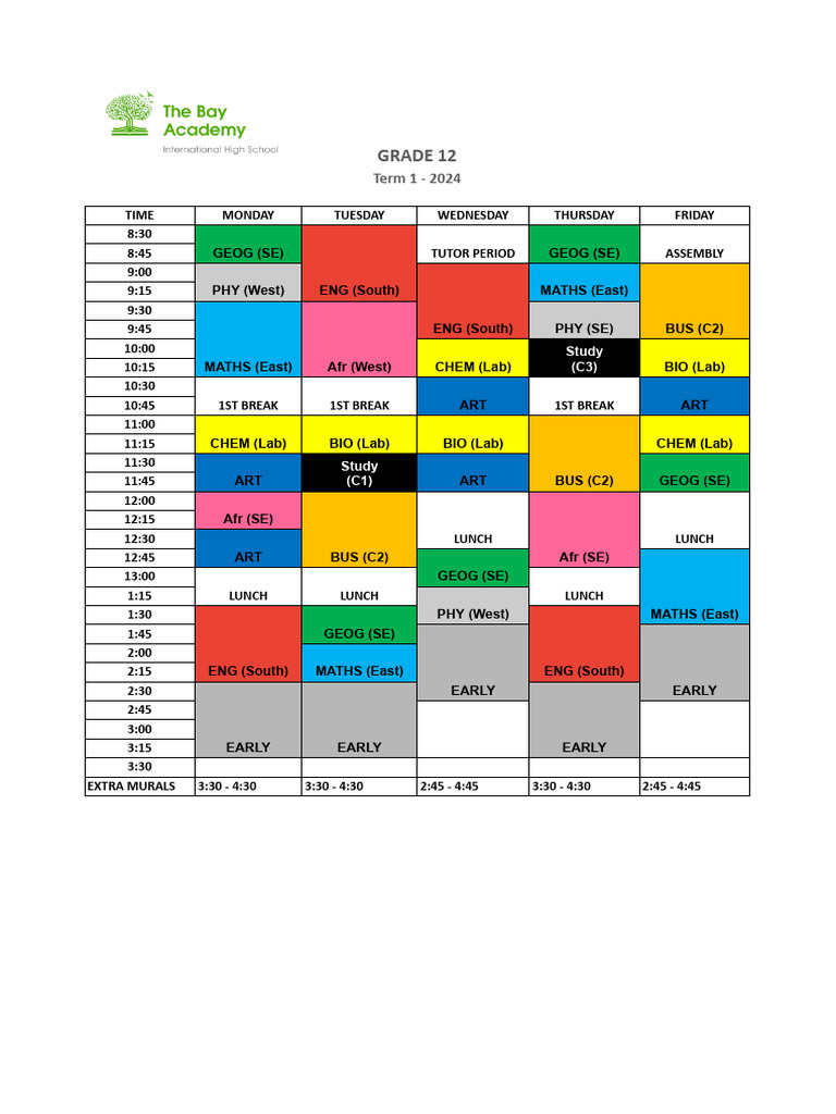 Grade 12 Term 1 2024 Timetable | PDF