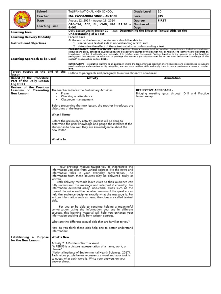 DLP English 10 Q1w2 CSA | PDF