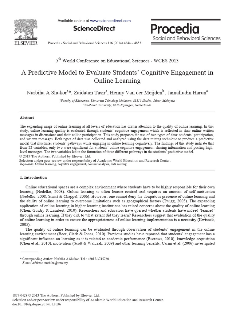 A Predictive Model To Evaluate Students' Cognitive Engagement in Online ...