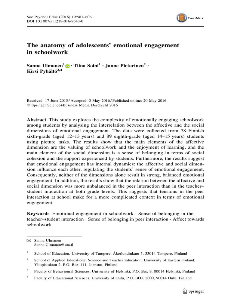 The Anatomy of Adolescents' Emotional Engagement in Schoolwork | PDF
