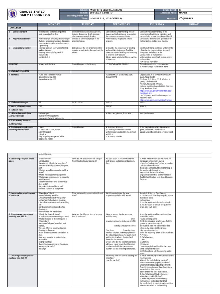 DLL - Mapeh 3 - Q1 - W2 | PDF