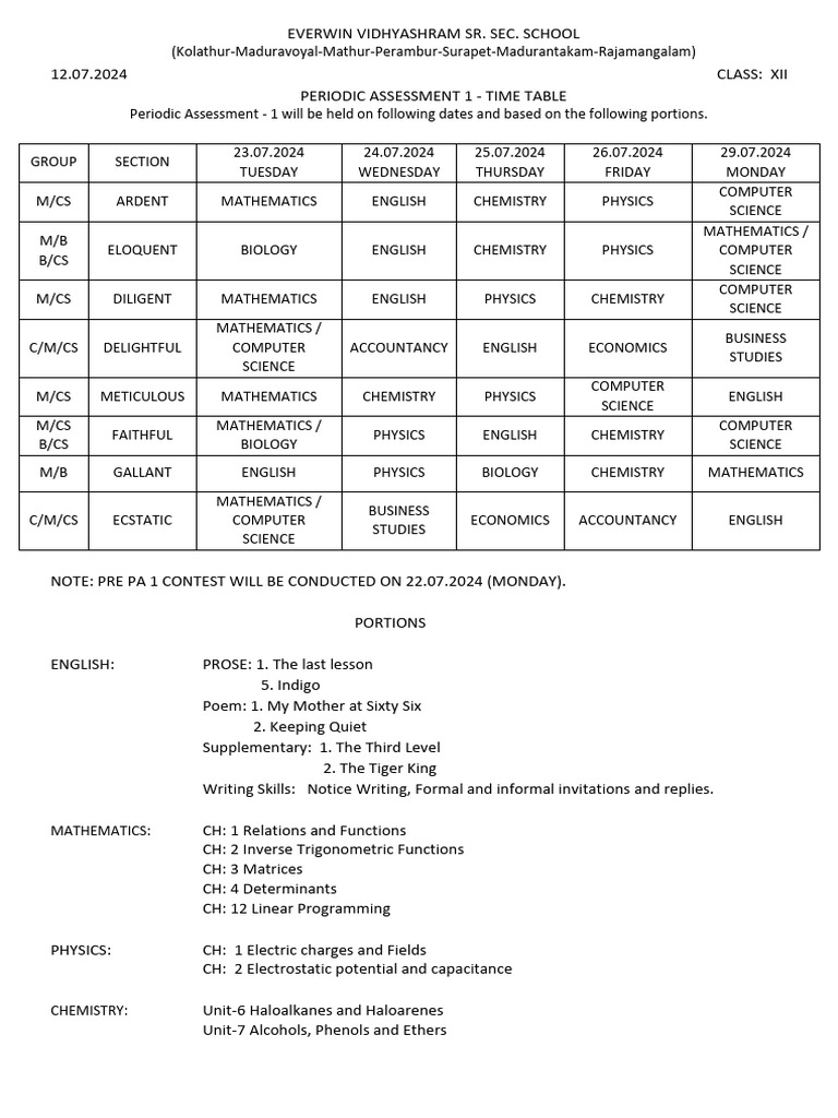 Pa 1 Xii Timetable & Portions - Students's | PDF