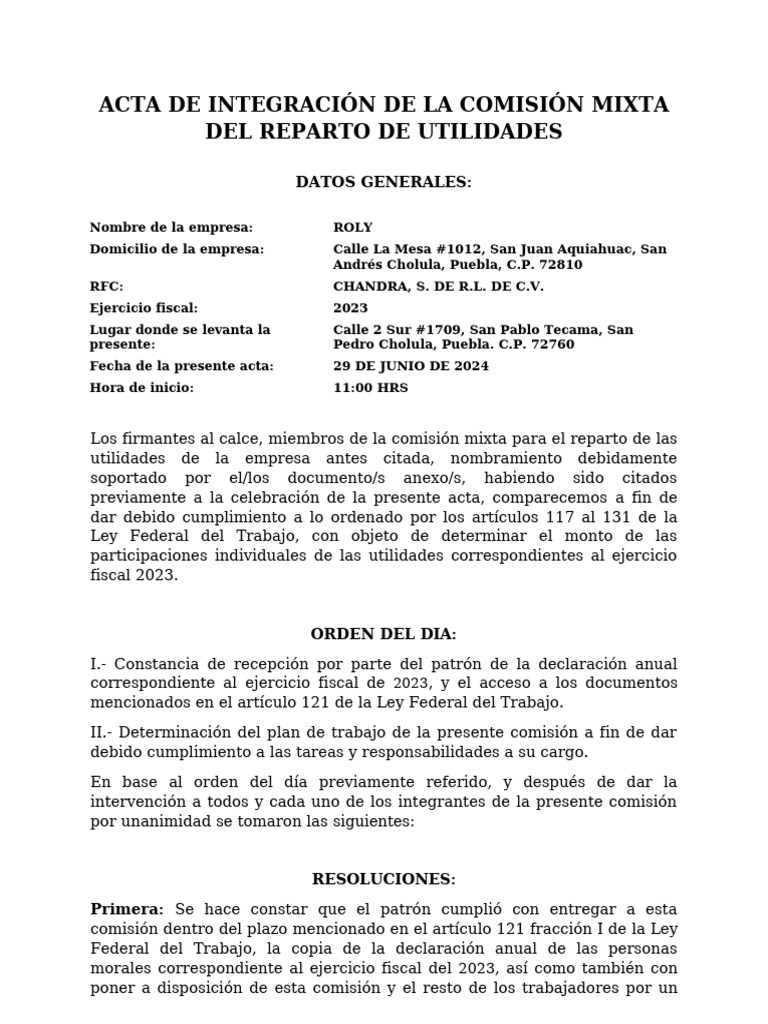 Acta Integracion Comision Mixta PTU LEG 2024 | PDF