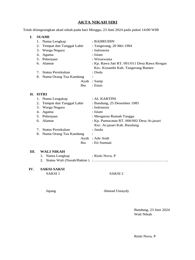 Akta Nikah Siri | PDF