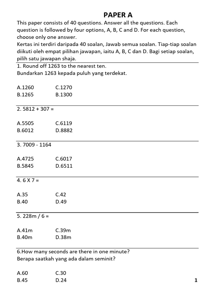 P3 Math Paper 1 (Mid Term Exam 2016) | PDF
