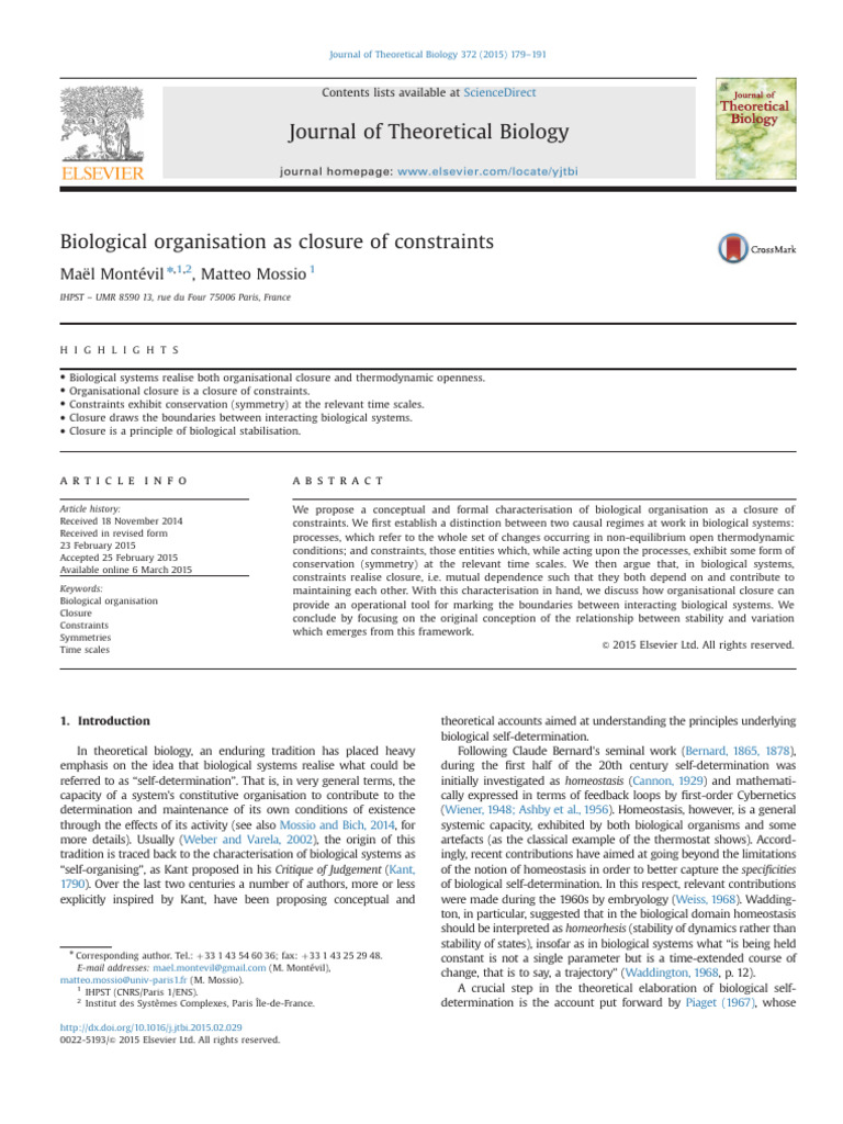 Biological Organisation As Closure of Constraints - Publ | PDF