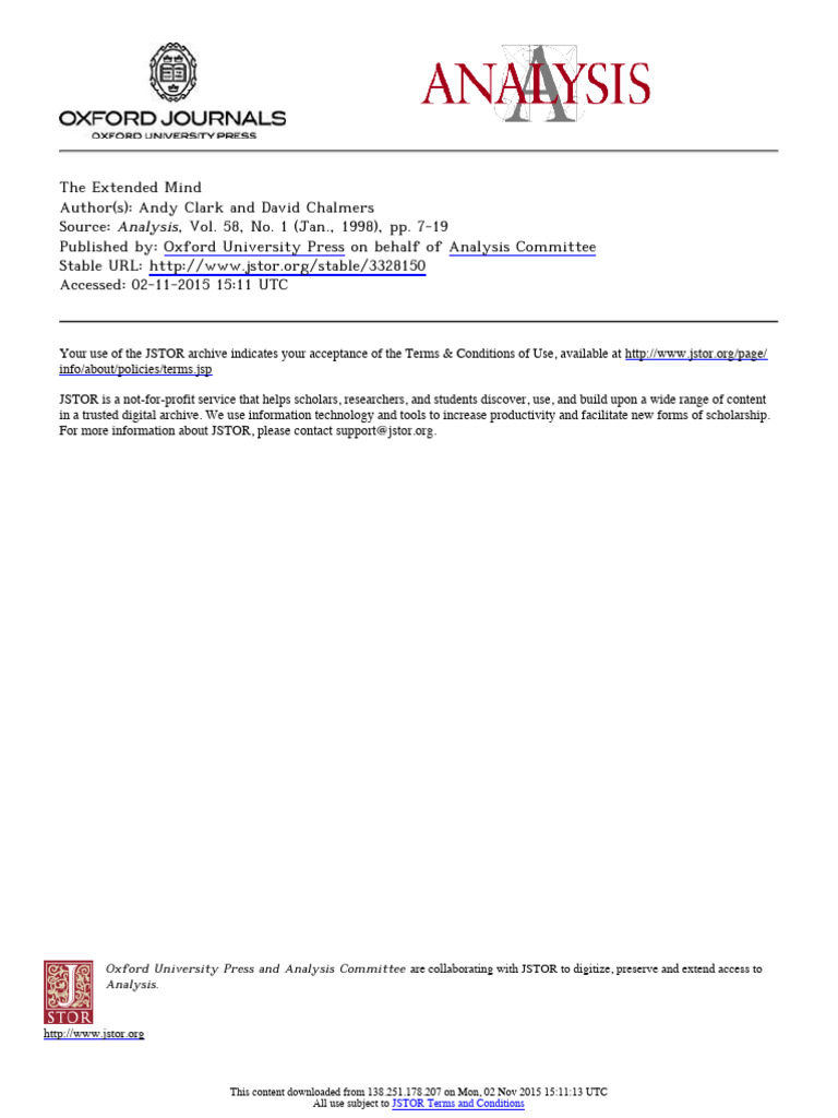 Clark Chalmers 1998 The Extended Mind Analysis | PDF