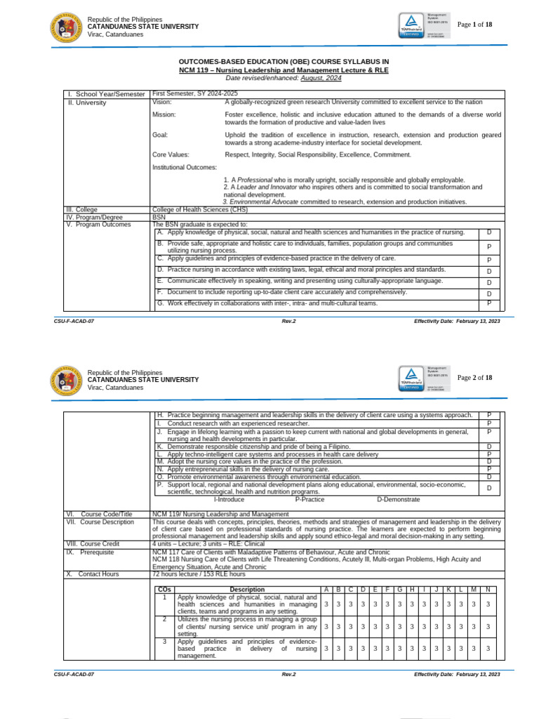 NCM 119 Syllabus 2024 2025 Autosaved | PDF