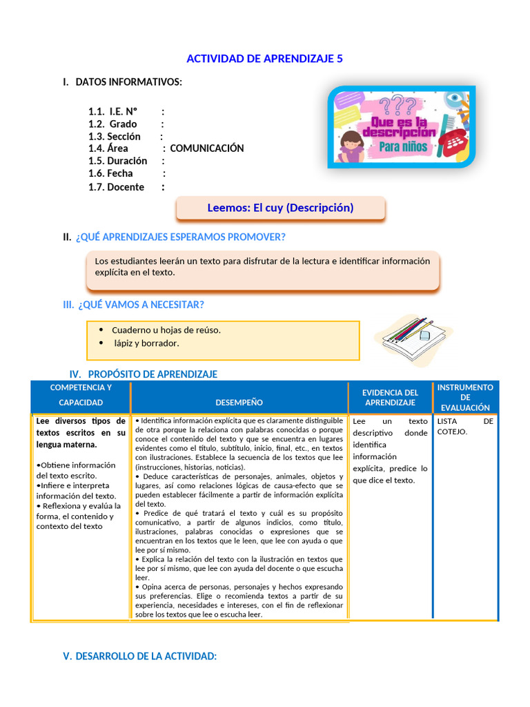 D5 A1 SESION Leemos El Cuy (Descripción | PDF