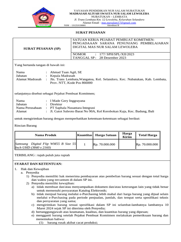 DRAFT SURAT PESANAN Baru | PDF