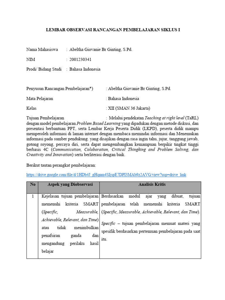 01.05.6-B4-4 Unggah LK 3 - Lembar Observasi Rancangan Dan Perangkat Pembelajaran - Siklus 1 ...